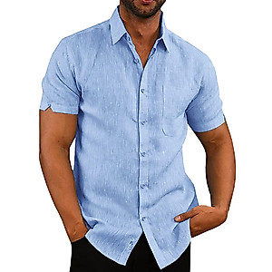 Mens Button Down Shirts Casual Short Sleeve Linen Tops Cotton Lightweight Fishing Tees Spread Collar Plain Shirt