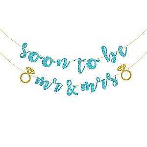 Halodete Soon to Be Mr & Mrs Banner, Engaged Banner, Bridal Shower, Wedding Party Garland Bunting Decorations - Sky Blue Glitter