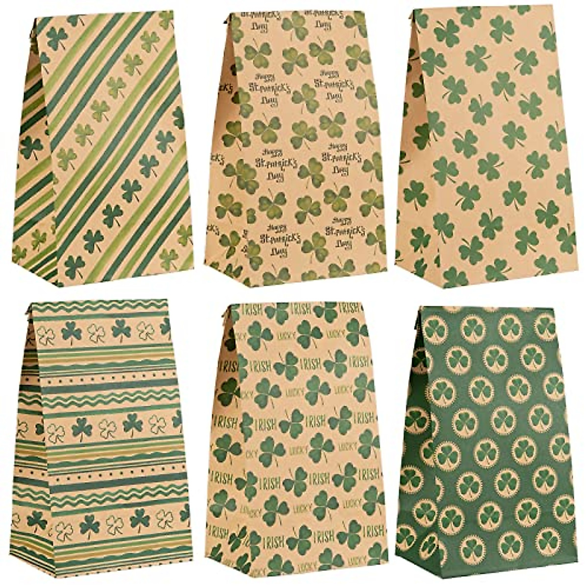 Whaline 60 Pack St. Patrick's Day Paper Gift Bags Kraft Shamrock Candy Treat Bags 6 Design Rustic Irish Flat Party Favor Bag Goodie Present Bag for Party Snack Cookie Craft Gift Wrapping Supplies