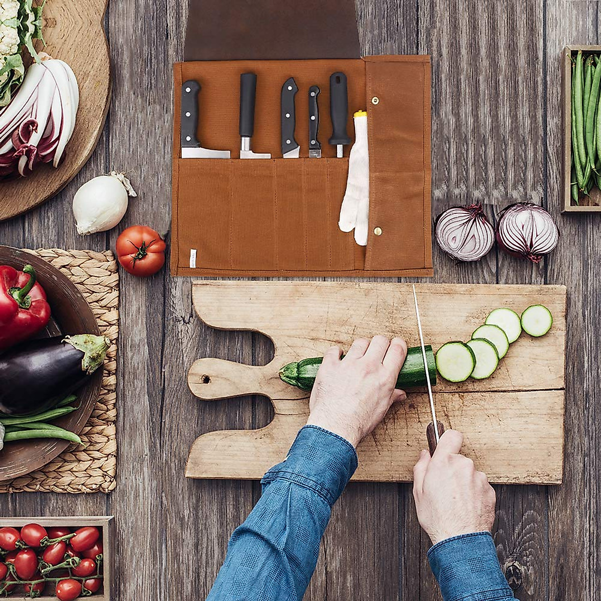 Knife Case, Waxed Canvas Chefs Knife Roll Bag, Portable Travel Tool Roll Bag, Christmas Gift for Culinary Student, Professional Chef for Men Women for Meat Cleaver, Japanese Knife for Working,Camping