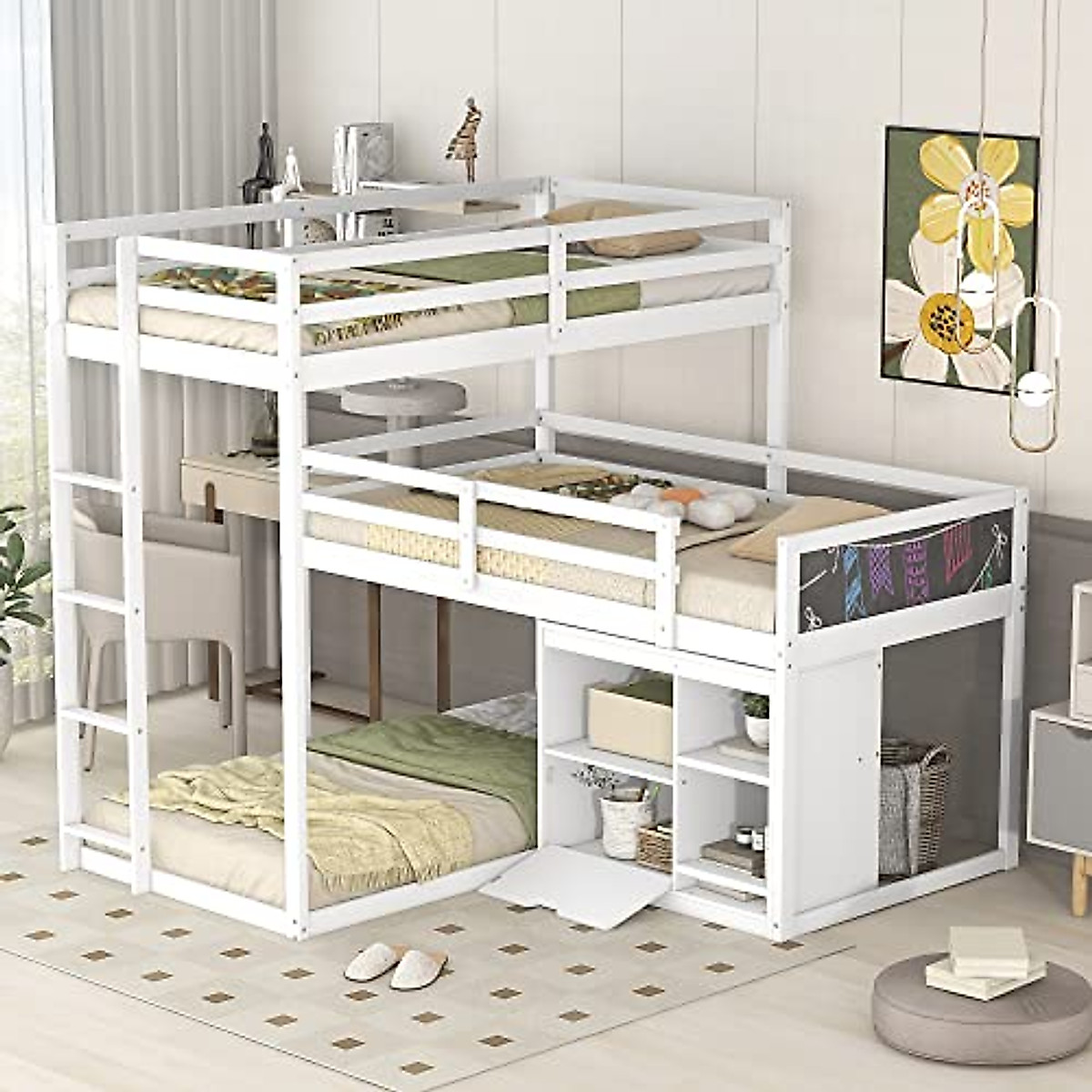 WOXYX L-Shaped Wood Triple Twin Size Bunk Bed with Storage Cabinet and Blackboard, Ladder,White