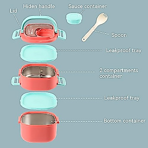 Stackable Lunch Container for Adults with 45oz Large Capacity Stainless Steel bento box Adult lunch box, Leak-Proof Durable All-in-One Bento Box Built In Divider, Spoon, Dressing Container (Pink)