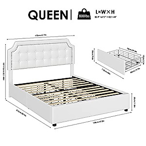 Keyluv Upholstered Queen Bed Frame with 4 Storage Drawers, Platform Bed with Curved Button Tufted Headboard with Nailhead Trim, Solid Wooden Slats Support, No Box Spring Needed, Off White