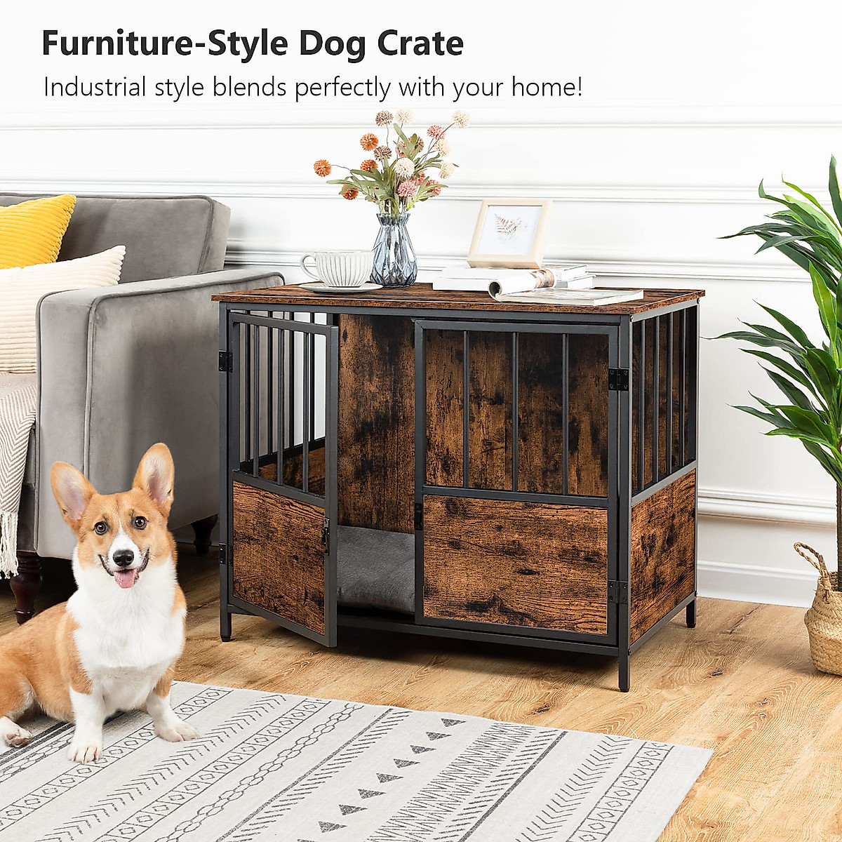 MAHANCRIS Dog Crate Furniture, 31.5 Inch Dog Kennel with Double-Door, Wooden Heavy Duty Dog Cage for Small Medium Dogs, Indoor Dog House End Table, Chew-Resistant, Rustic Brown DCHR0501Z