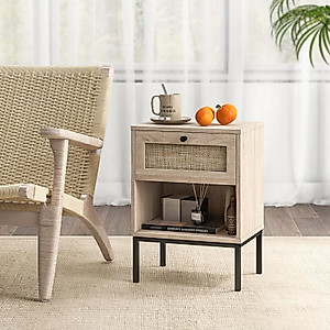 Giantex Rattan Nightstands with Drawer Set of 2, Boho Side Tables with 4 Metal Legs and Open Storage Shelf, Farmhouse Night Stands for Small Spaces, 2 Tier Bedside Tables for Bedroom Office, Oak