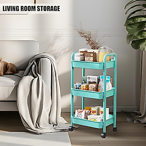 3 Tier Utility Rolling Cart with Handle, Multifunctional Storage Organizer Rolling Carts with Wheels for Bathroom Office Living Room (Green)