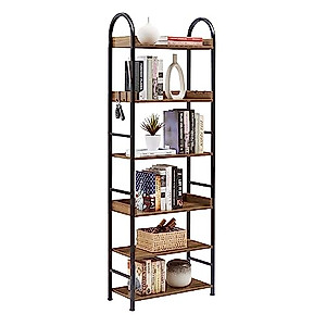 SmallCock Tall Bookshelf, 6-Tier Shelves with Round Top Frame, MDF Boards, Adjustable Foot Pads (Brown)