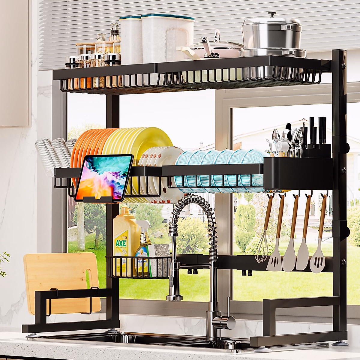 ADBIU Over The Sink Dish Drying Rack (Expandable Height and Length) Snap-On Design 2 Tier Large Dish Rack (27-36L x 12W x 32.5-37H (inches))