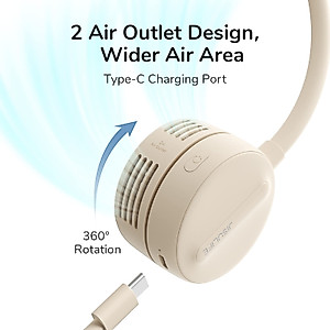 JISULIFE Portable Neck Fan, 360°Adjustable Bladeless Neck Fan, Lightweight Neck Fan, USB Rechargeable Fan for Neck and Face, 2 Air Outlet, Flexible Hose, Personal Fan Around Neck, 4 Speeds-Brown