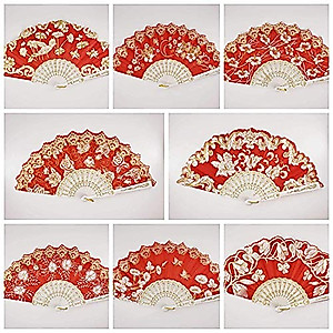 YRP 12 Pc Mix Spanish Style Red and Gold Glitter Floral Pattern Folding Fan for Wedding Party Decor/Sweet 15 favors/Dancing Hand Fan/Table Setting/Wall Decoration/Out Door Wedding/Wedding Gift