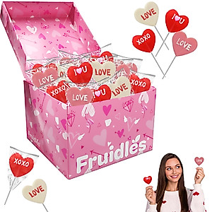 Fruidles Valentine's Day Lollipop Sucker, Red Lips, Be Mine & Love You Heart Suckers, Individually Wrapped (24-Pack)