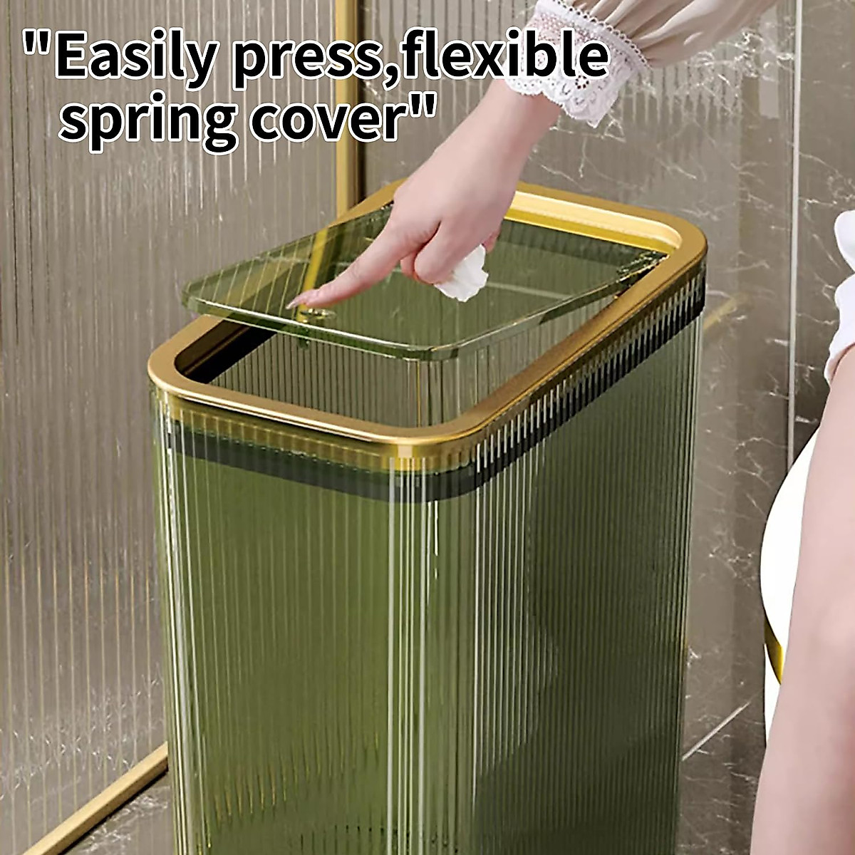 Transparent Trash Can, Bathroom Trash Cans with Lids, 2.6 Gallon Garbage Can for Bedroom, Office, Plastic Slim Waste Basket with Press Top Lid, 10L Clear Trash Bin for Home, Kitchen (Green)