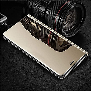 CCasualL Compatible for Oppo Reno2 Z Case 6.53 inch Electroplating Mirror Design Bracket Clear Vision Flip-Book Style Mirror Makeup PU Shockproof Protective Cover-Gold