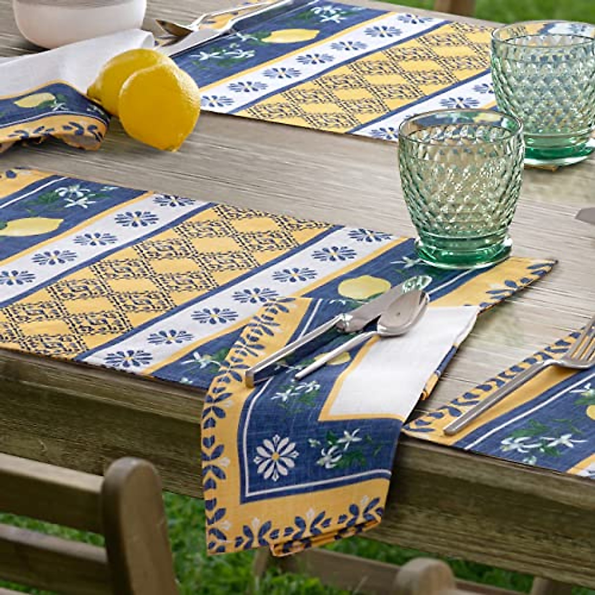 Home Bargains Plus Provence Blue Lemon Mediterranean Garden Country French Fabric Tablecloth, Indoor Outdoor, Stain and Water Resistant, Wrinkle Free Tablecloth, 60” x 144” Oblong/Rectangle