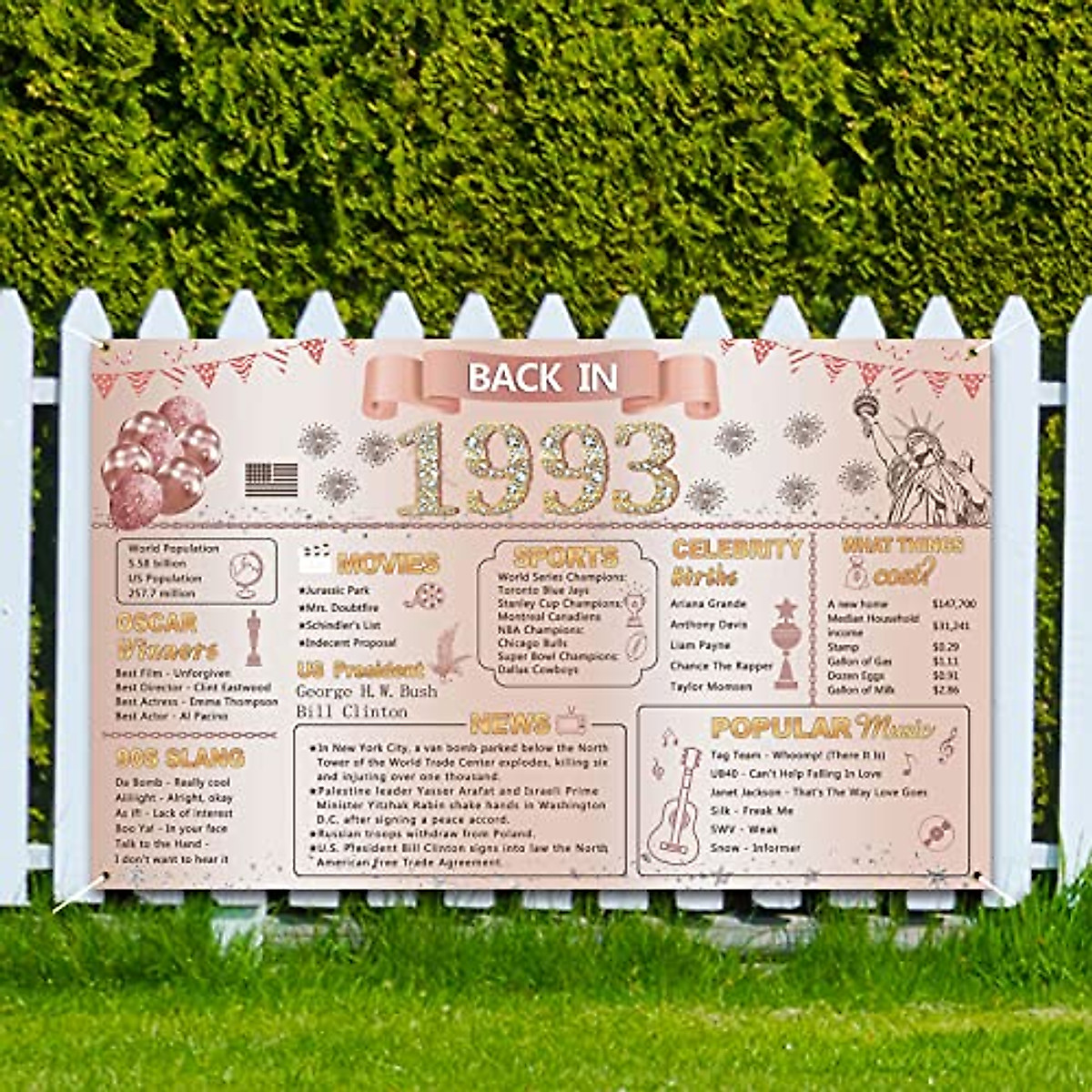 DARUNAXY Rose Gold Back in 1993 Banner, Happy 30th Birthday Party Decorations 30 Year Old Backdrop Party Supplies Pink and Gold Vintage 1993 Birthday Poster for Girls Photography Background for Women