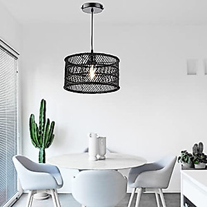HOONEX Rattan Chandelier, Rattan Light Fixture Ceiling, 12.4" Wicker Pendant Light for Dining Room Bedroom Kitchen Island, Black