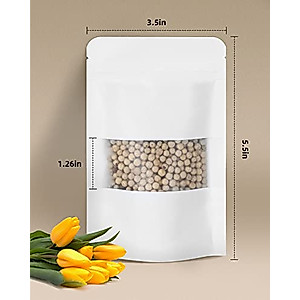 Larzack 100pcs Kraft Bags with Window 3.5x5.5 Inches White Reusable Sealable Zip Lock Food Storage Stand up Paper Pouches for Home or Business