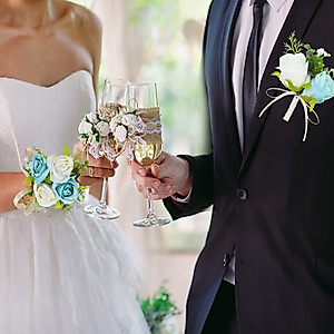 Yunlly 2 Pcs Boutonniere Wrist Corsage Set Artificial Rose Corsage Wristband Boutonniere Flower Decor Wrist Corsage for Men Women Bride Bridesmaids Wedding Accessories Prom Suit Decor (Blue, White)