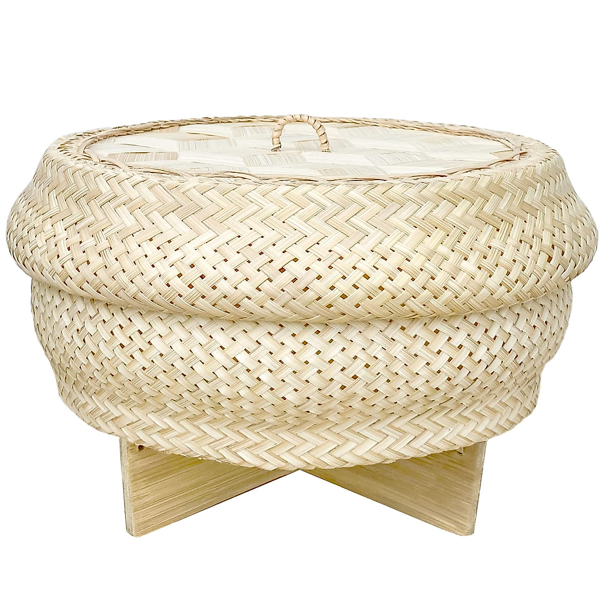 PANWA Handmade 100% Natural Thai Bamboo Sticky Rice “Electric Cooker Steamer Set”, Small Pot Insert ~ 6.5 Inch, Hewn Reed Wicker Woven Lid, 16’’ Cheesecloth Filter, and Wooden Spoon