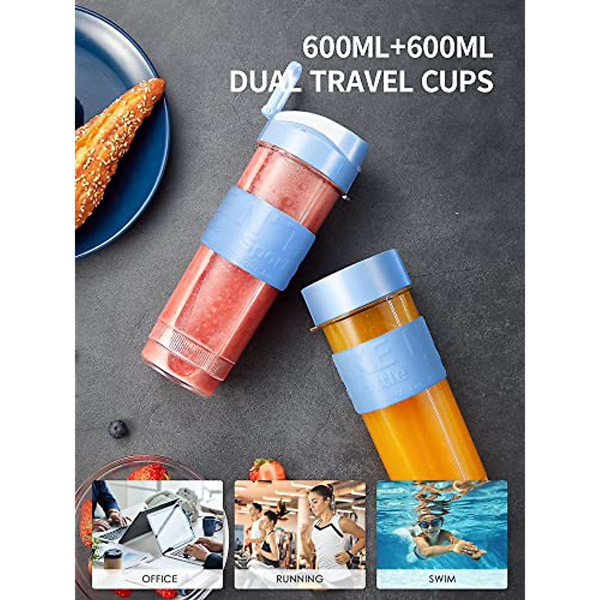 Personal Blender with 2 x 20oz Travel Bottle and Coffee/Spices Jar, Portable Smoothie Blender and Coffee Grinder in One, 500W Single Serve Blender for Shakes and Smoothies, BPA free, by Yabano (Blue)