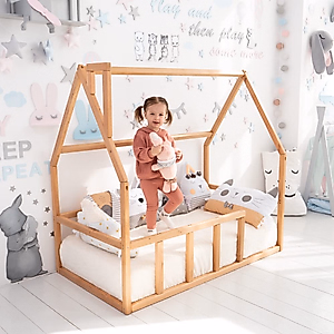 BUSYWOOD House Bed for Kids - Toddler Bed - Platform Bed Frame - Montessori Floor Bed - Full Size Bed - Queen Bedframe, Natural Wood (FLOOR BED FOR SLEEPING ONLY)