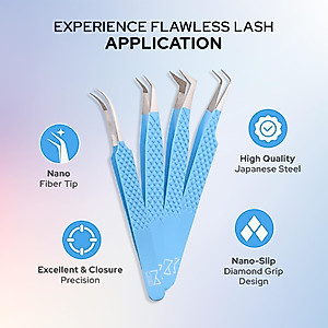 M LASH Tweezers for Eyelash Extensions (Set of 4) - Professional Lash Extension Tweezers - Fiber Tip, Japanese Steel, Diamond Grip Eyelash Extension Tweezer (Teal)