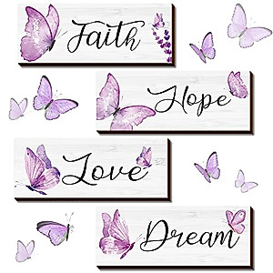 4 Pieces Faith Hope Love Dream Wall Decor Elegant Spring Butterfly Wooden Hanging Decoration Art Butterfly Room Wall Rustic Living Room Accessories for Girls Bedroom Decor (Purple, 10 x 4 x 0.2 Inch)