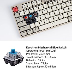 Keychron C1 Hot-swappable Wired Mechanical Keyboard for Mac Layout, Keychron Mechanical Blue Switch/USB Type-C Cable/Double-Shot ABS Keycaps Tenkeyless 87 Keys Computer Keyboard for Windows PC