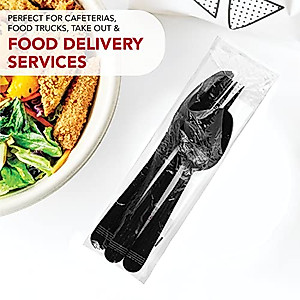 Party Essentials Individually Wrapped Black Plastic Cutlery Packets/Heavy Duty Silverware Kits, Fork/Spoon/Knife/Napkin/Salt/Pepper, 100 Sets
