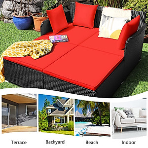 Salches, Outdoor Rattan Daybed, Patio Loveseat Sofa Set w/Comfortable Cushions, Extra Pillows & Metal Foot, Sunbed Wicker Furniture for Yard/Poolside/Living Room/Garden/Porch, Red