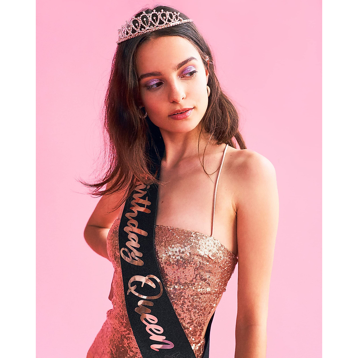 xo, Fetti Birthday Queen Sash + Tiara - Black Glitter + Rose Gold Foil | Birthday Party Decorations - 16th, 21st, 30th, 40th, 50th, Girl