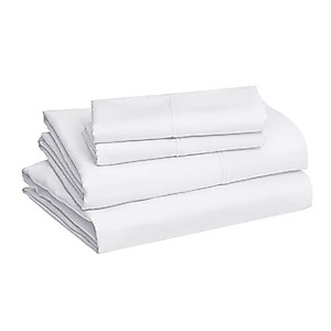 Amazon Basics Lightweight Pleated Bed Skirt - Queen, Bright White & Lightweight Super Soft Easy Care Microfiber Bed Sheet Set with 14-Inch Deep Pockets - Queen, Bright White