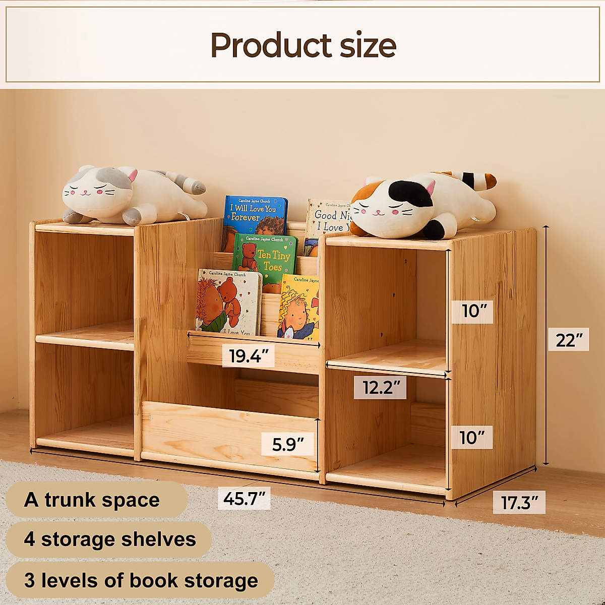F3C | Montessori Bookshelf and Toy Storage | 3-Section Kids Bookshelf for Organizing Books | 2-Shelf Toy Organizers and Storage Cabinet | Natural Wood Bookcase with Storage | Kids Organizer