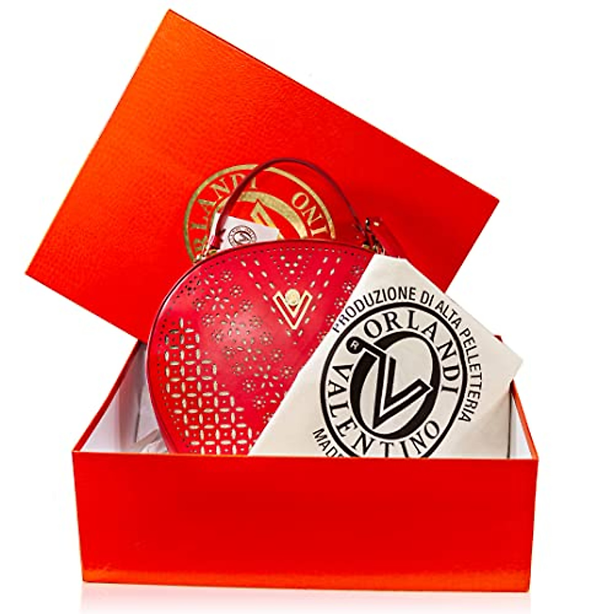 Valentino Orlandi Women's Large Handbag Italian Designer Purse Bowling Bag Top Handle Red Embroidered Genuine Leather Bowler Bag in Laser Cut Gold Design