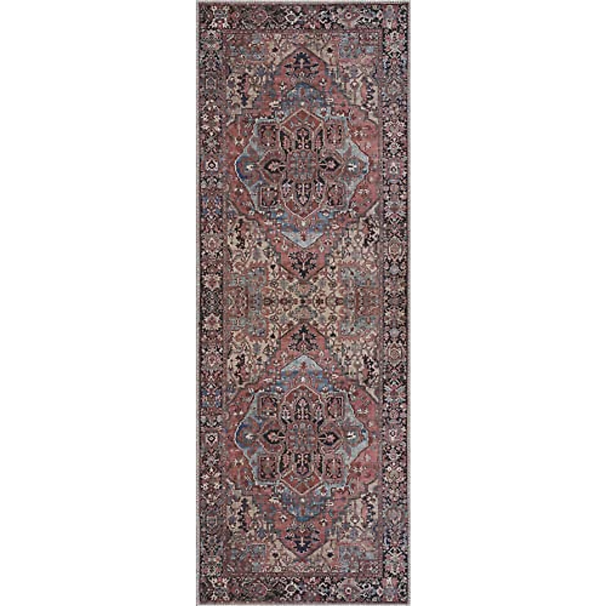 Neyland Machine Washable Living Room Area Rug - Oriental Traditional Persian Medallion Carpet - Vintage Bohemian Look - Dark Red, Burgundy, Blue - 9' x 12'