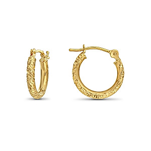 14k Gold Hand Engraved Diamond-cut Round Hoop Earrings (Yellow-Gold)…