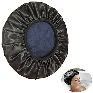 Terry Cloth Shower Cap,G.traveller Large Triple Layer Bathing Cap with Dry Hair Function Microfiber Shower Cap for Women with Silky Satin 100% Waterproof Reusable Bonnets (Black)