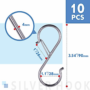 Vantasii 10 Pack S Hooks for Hanging, Rustproof S-Shaped Hook with Safety Buckle Heavy Duty Metal S Hanging Hook for Clothes, Pots, Pans, Kitchen Utensil, Cubicle, Closet Rob, Bags(3.5 inch, Silvery)