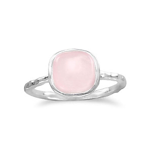 AzureBella Jewelry Stackable Ring Dyed Rose Quartz Sterling Silver Square Shape Hammered Texture