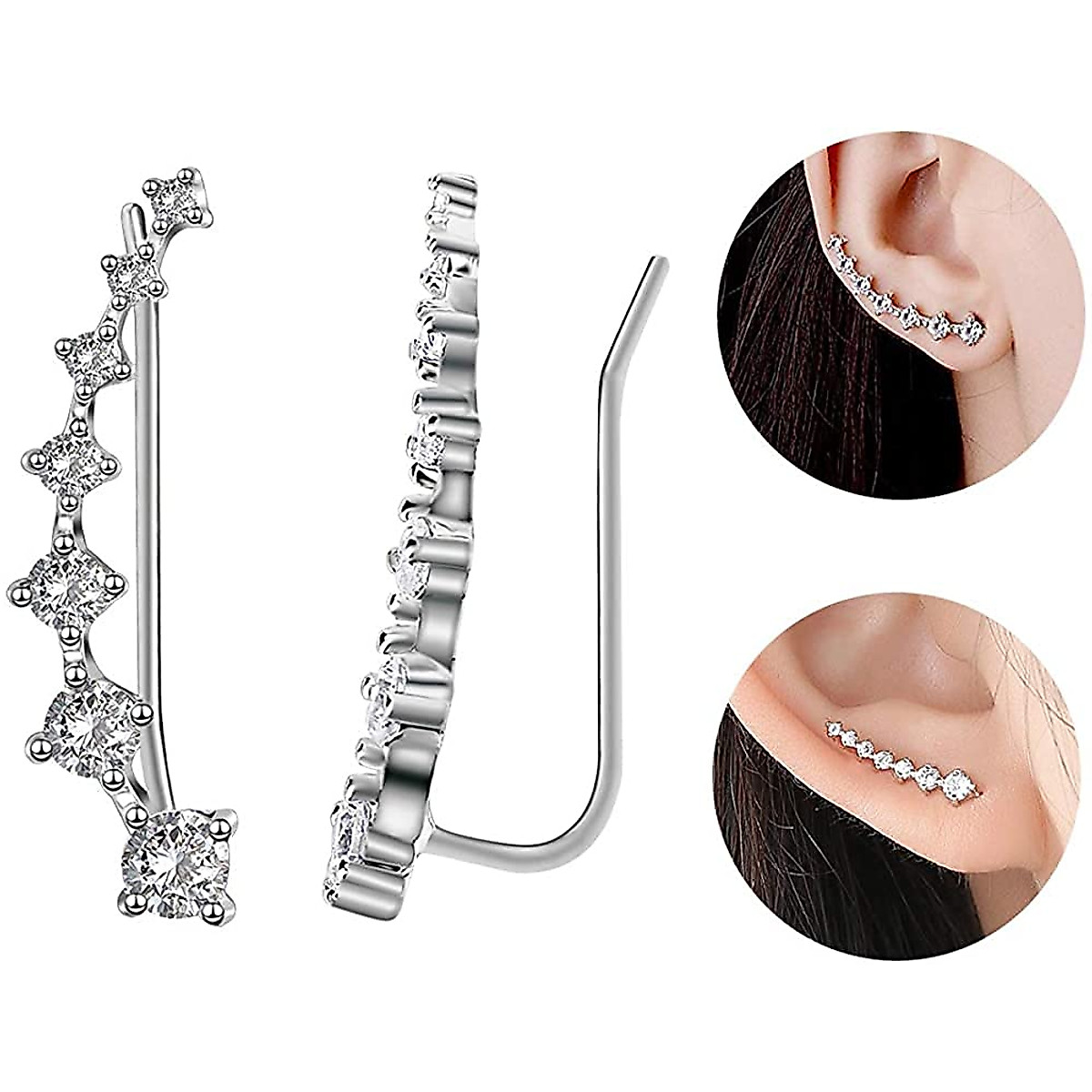 7 Crystals Ear Cuffs Hoop Climber S925 Sterling Silver Earrings Hypoallergenic Earring