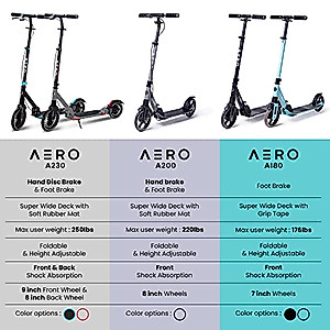 Aero A230 Adult Kick Scooter for Teens 12 or 14 Years and up, Adults Scooters with Disc Brake, Rubber Mat, Double Shock Absorption, ABEC-7 Bearing, Max 250 lbs, Foldable and Height Adjustable