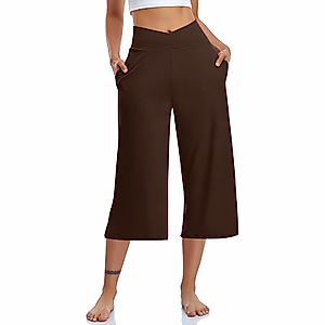 TARSE Womens Casual Wide Leg Yoga Capris Summer Crossover High Waist Capri Pants Loose Soft Pajama Pockets Sweatpants(Brown,M)