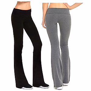 Gilbins Womens Fold-Over Waistband Stretchy Cotton Blend Yoga Pants with A Wide Flare Leg 2 Pack