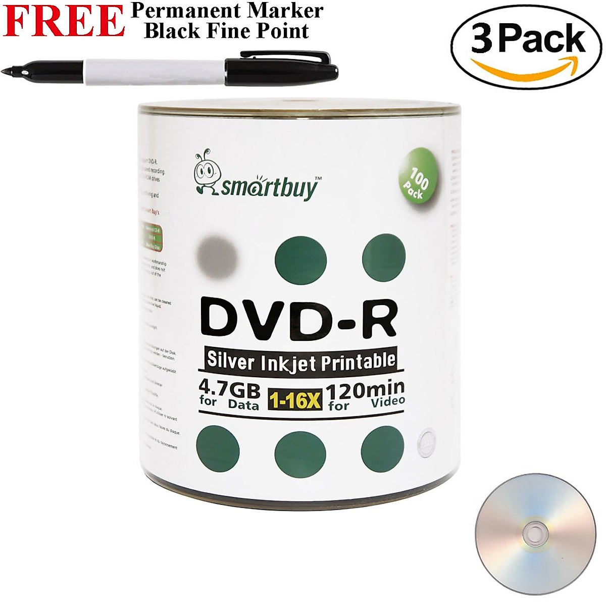 Smartbuy 300-disc 4.7GB/120min 16x DVD-R Silver Inkjet Hub Printable Blank Media Disc + Black Permanent Marker