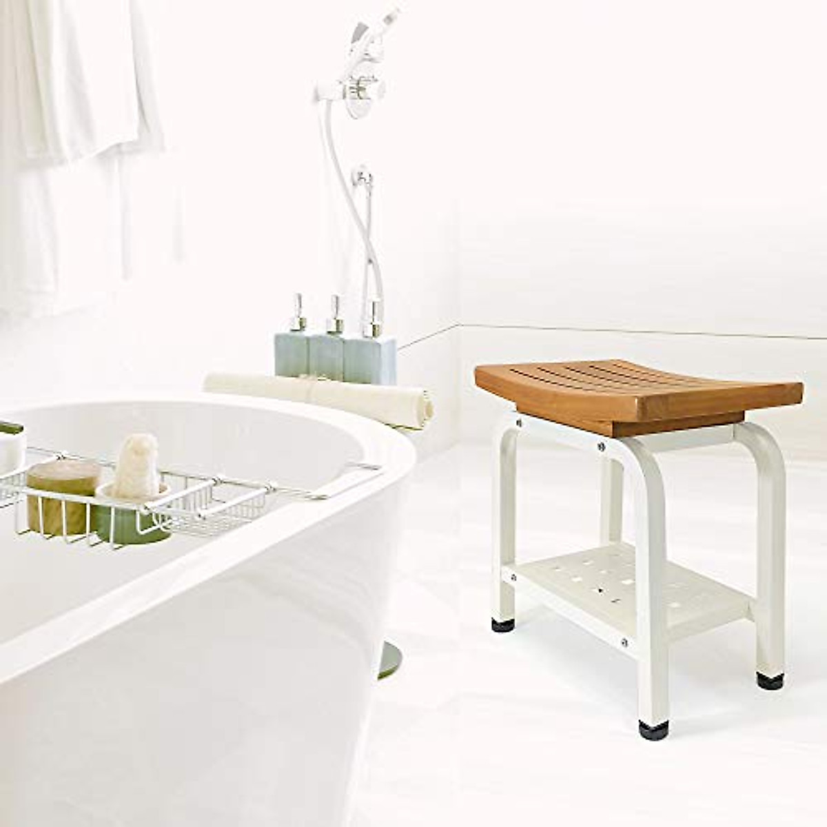 Bali Teak & Aluminum Indoor Outdoor Shower/Bath/Spa/Patio Stool Bench, Seat Chair with Storage Shelf and Adjustable TPR Feet, Anthology Spa Collection, B103/BGE (Light Beige)