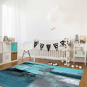 Contemporary Non-Slip Area Rug Turquoise and Grey Abstract Art Painting Teal Printed Rugs Art Carnival Rubber Backing Living Room Floor Mats Rectangle Area Rug Carpet for Indoor 2.7'x5'