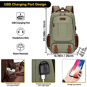 Tzowla Canvas Laptop Backpack, Bag for Men Women,Travel Work Rucksack Fits 17.3 Inch Laptop, Bookbag with USB Charging Port