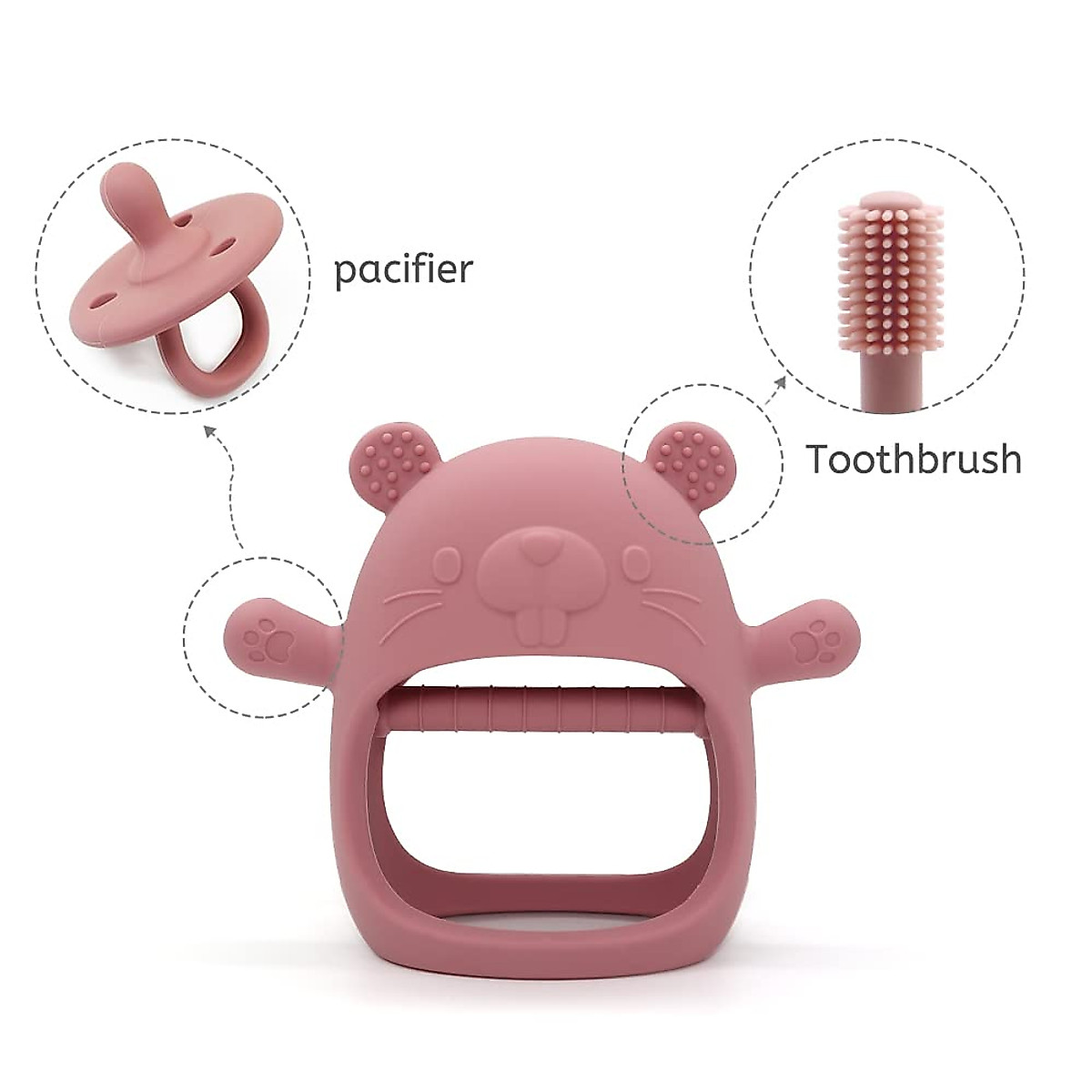 MOMMYS BABY Groundhog Teether Set, Baby Teething Toy, Anti Drop Silicone Mitten Teether, Infant Chew Toy, Teething Pain Relief Toy, Pacifier 2 in 1 |Beige, Dark Pink | Baby Teether Toy