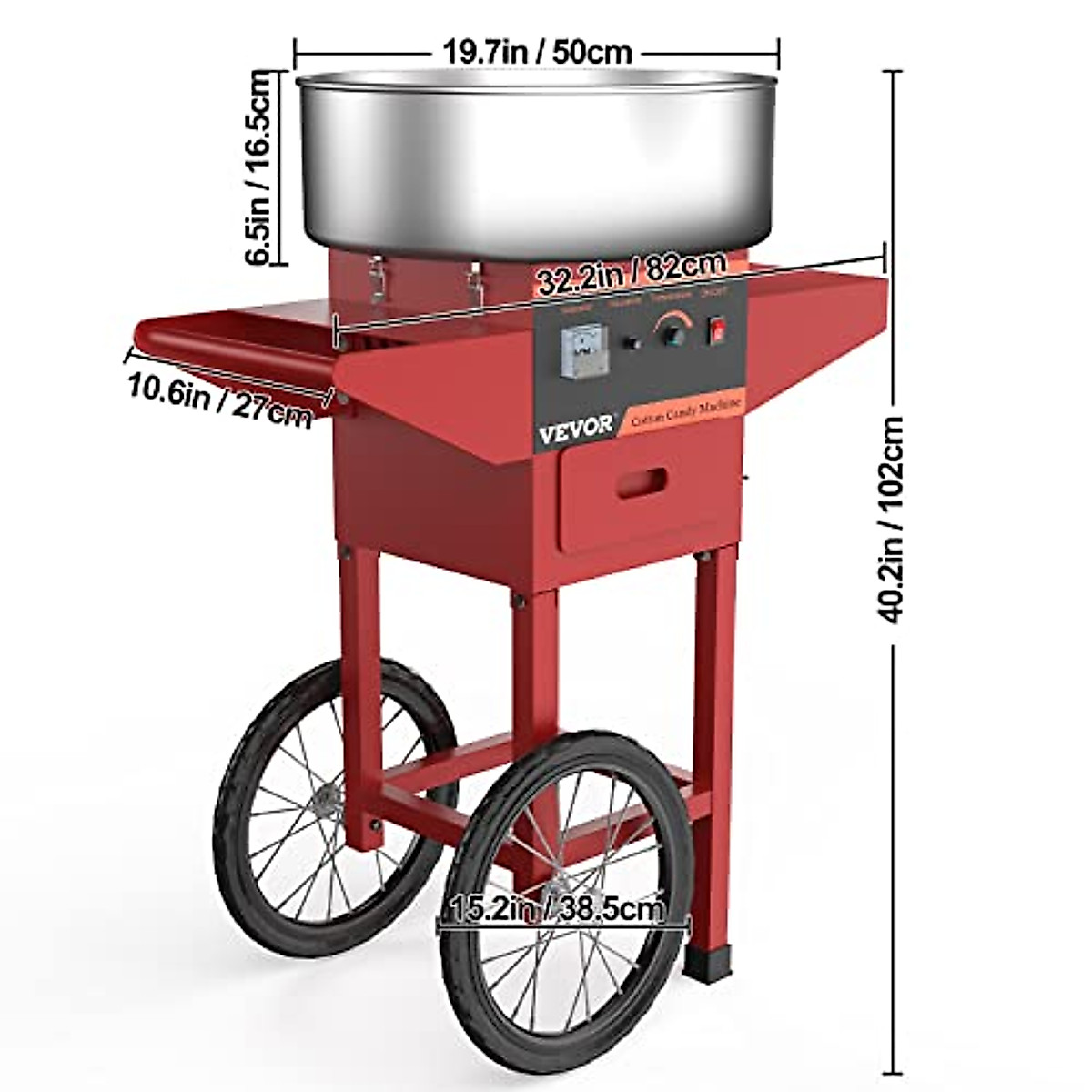 VBENLEM Commercial Cotton Candy Machine with Cart, Electric Floss Maker with Stainless Steel Bowl, Sugar Scoop and Drawer, for Family and Various Party, Red