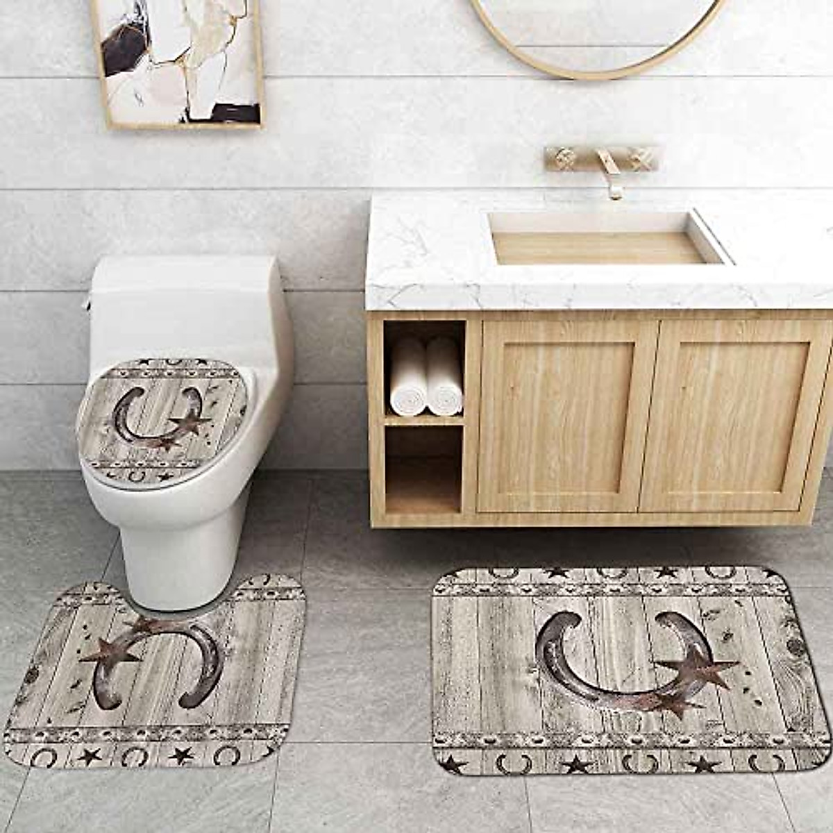 Camille&Andrew 4PCS Western Shower Curtain Set, Horseshoe Texas Star Barn Star Wooden Barn Door Country Rustic Farmhouse Bathroom Decor, Waterproof Fabric Shower Curtain, Non-Slip Bath Mat Toilet Rug